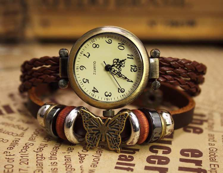 Dark Brown Leather Wrap Watch With Butterfly Pendant on Luulla